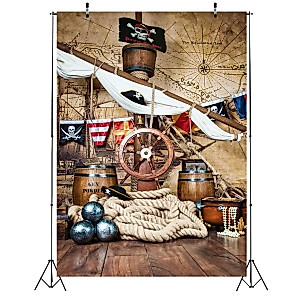 BELECO 5x7ft Fabric Pirate Backdrop Pirates Ship Deck Steering Wheel Skull Flag Halloween Pirate Photography Background Pirate Theme Party Decorations Kids Boy Adult Birthday Baby Shower Photo Props
