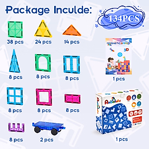 Anbalulu Magnetic Building Tiles, 134PCS Large Magnet Building Set,Magnetic Blocks, 3D STEM Stacking Toys, Magnets Toy for Kids Boys Girls