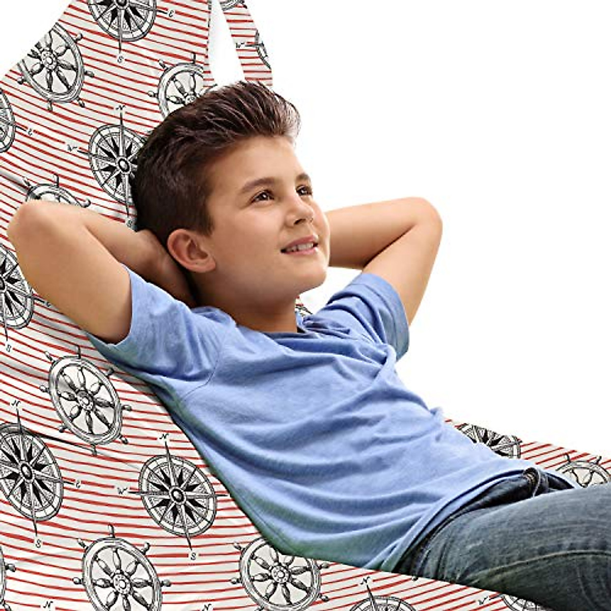 Ambesonne Nautical Lounger Chair Bag, Ocean Theme Hand Drawn Ship Steering Wheel and Sea Compass Pattern Pink Lines, High Capacity Storage with Handle Container, Lounger Size, Multicolor