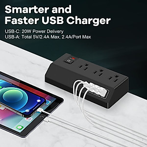Desk Clamp Power Strip USB C (20W PD Fast Charging) - Desktop Surge Protector with 3 Outlets 4 USB Ports - Edge Mount Power Strip Desk Outlet Station Plug Extender - Phone Office Desk Accessories