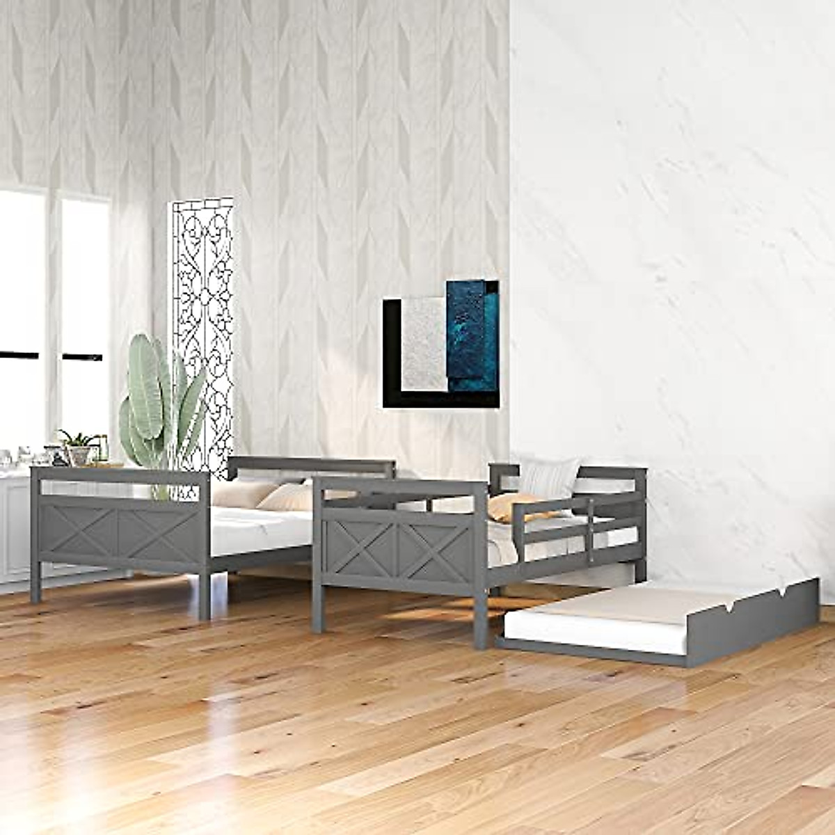 Merax Trundle Bunk Bed, Twin Over Full Wood Bunk Bed with Twin Size Trundle, Solid Wood Bunk Bed Frame with Guardrail and Ladder, Grey