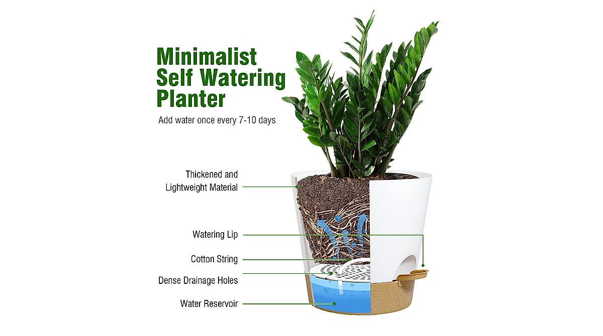 WOUSIWER Plant Pots, 7/6.5/6/5.5/5 Self Watering Plastic Planters with ...