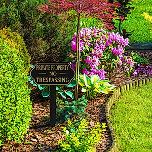Private Property No Trespassing Sign, 7.09 x 3.54 Inches Self Adhesive Modern Design No Trespassing Sign with Stake Garden Statement Plaque Warning Signs for Garden Indoor Outdoor Use (2 Set)