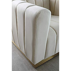 Meridian Furniture 603Cream-L Marlon Collection Modern | Contemporary Velvet Upholstered Loveseat with Deep Channlel Tufting and Brushed Gold Finish, Cream, 62.5" W x 34" D x 28" H