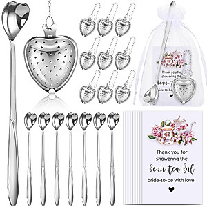25 Sets Bridal Shower Favors for Guests Tea Party Favors Heart Tea Infuser Tea Spoon Tea Steeper for Loose Tea with Thank You Cards Organza Bags for Wedding Bridal Shower Souvenir, No Tea (Silver)