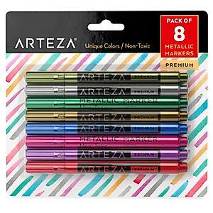 ARTEZA Wine Glass Markers, Set of 8 Washable Metallic Paint Pens, Quick-Drying Erasable Markers for Glassboards, Ceramic Plates, Mirrors