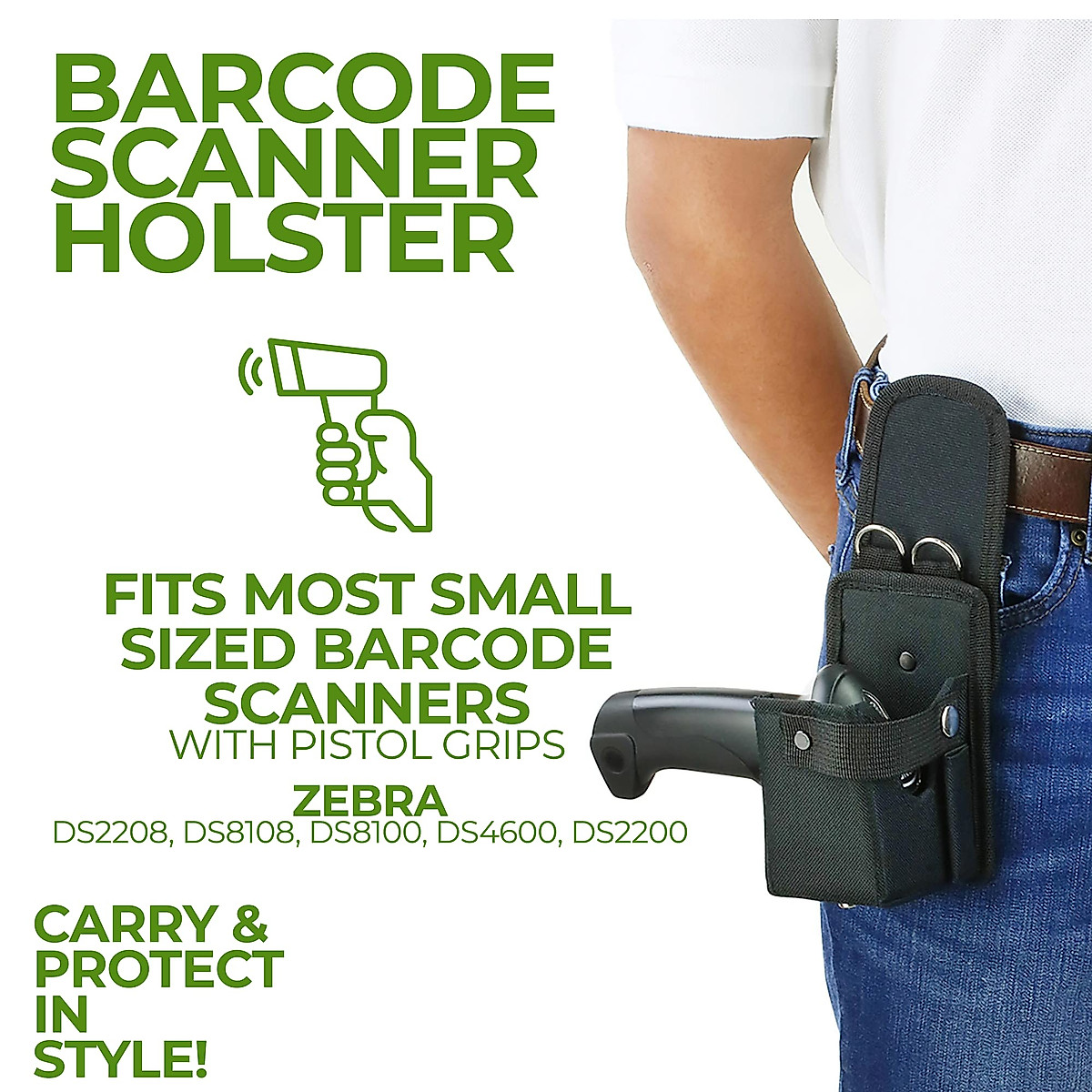 e-Holster Wireless Scanner Holster (Small) | Ballistic Nylon Pouch for 1D and 2D Barcode Scanner | Belt Clip, Belt Loop, Shoulder Strap | Fits Zebra Scanner DS2208/8108/8100/4600/2200