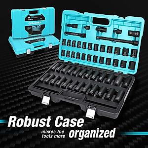 DURATECH 55-Piece Socket Set, 1/2’’ & 6 Point Impact Socket Set, 7 Accessories included, 24 Both Standard Impact Sockets and Deep Impact Sockets in SAE (3/8’’ to 1-1/16’’) & Metric (12 to 27mm)