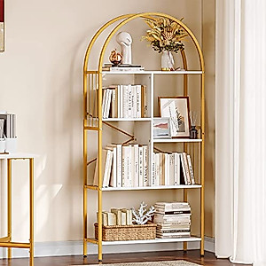 YITAHOME Gold Arched Bookshelf and Bookcase, 5 Tier Standing Book Shelf, Storage Display Rack Shelves for Bedroom Living Room Office,White&Gold