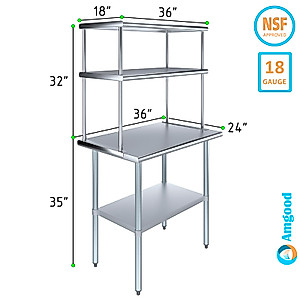 24" x 36" Stainless Steel Work Table with 18" Wide Double Tier Overshelf | Metal Kitchen Prep Table & Shelving Combo