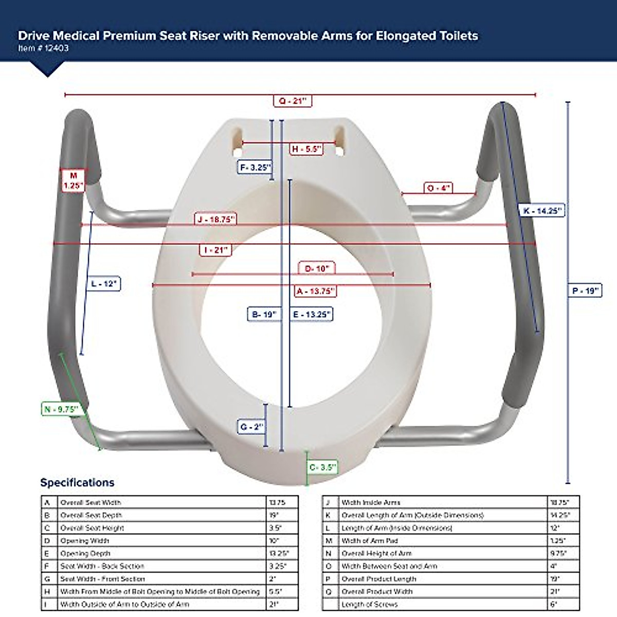 Drive Medical Premium Seat Riser with Removable Arms, Elongated Seat 19.25x13.75x3.5 Inch (Pack of 1)