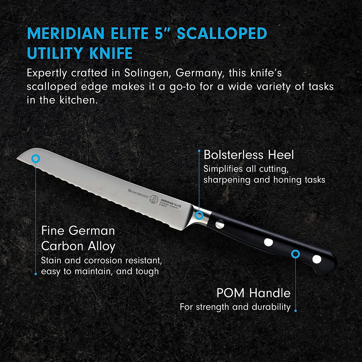 Messermeister Meridian Elite 5” Scalloped Utility Knife - Fine German Steel Alloy Blade - Rust Resistant & Easy to Maintain