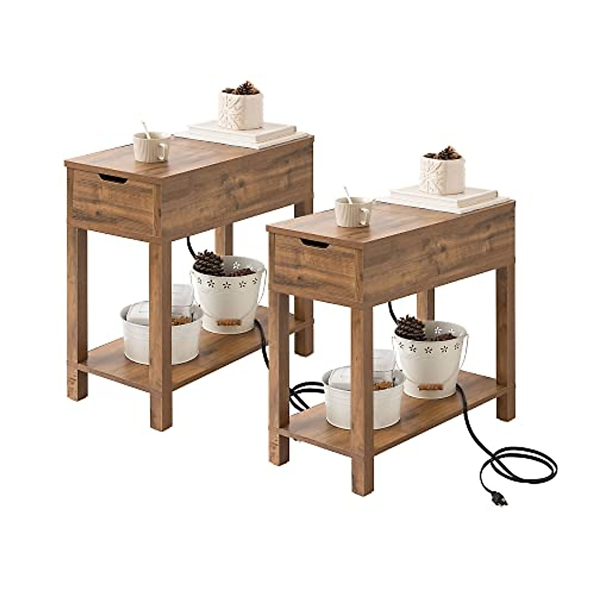 Labcosi 2-Pack Modern Farmhouse Side Table, Narrow End Table with Charging Station, Flip Top End Table with Storage Shelf, Rustic Oak Color
