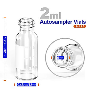 Autosampler Vials, 100 Pcs Sample Vials 2ml HPLC Vials 9-425 Vial Clear Glass Bottles with Write-on Spot and Graduations and 100 Pcs 9mm Blue ABS Screw Caps by Ks-Tek
