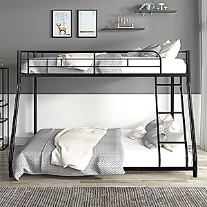 Lostcat Metal Bunk Bed Twin Over Full Size,Heavy Duty Low Bunkbeds with Ladder & Safety Guard Rails,for Kids Teens Adults,Space Saving & No Box Spring Need,Black