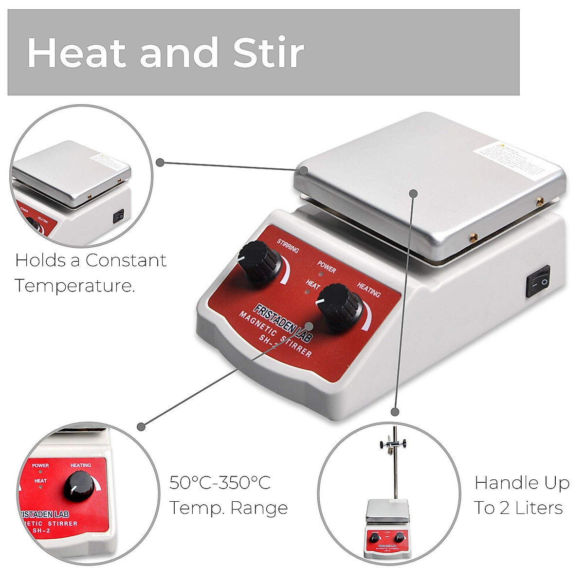 Fristaden Lab SH-2 Magnetic Hot Plate Stirrer, 100-1600rpm Speed, 350°C Temperature, 2,000mL Capacity, Lab Quality Hot Plate with Magnetic Stirrer for Liquid Heating & Mixing with1 Year Warranty