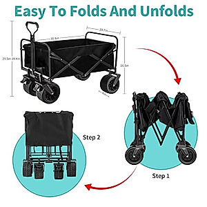 QivvMivo Collapsible Folding Wagon Load 330 Lbs, Heavy Duty Utility Beach Wagon Cart for Sand with Big Wheels, Adjustable Handle&Drink Holders for Garden Outdoor Camping Beach Sports, Grocery (Black)