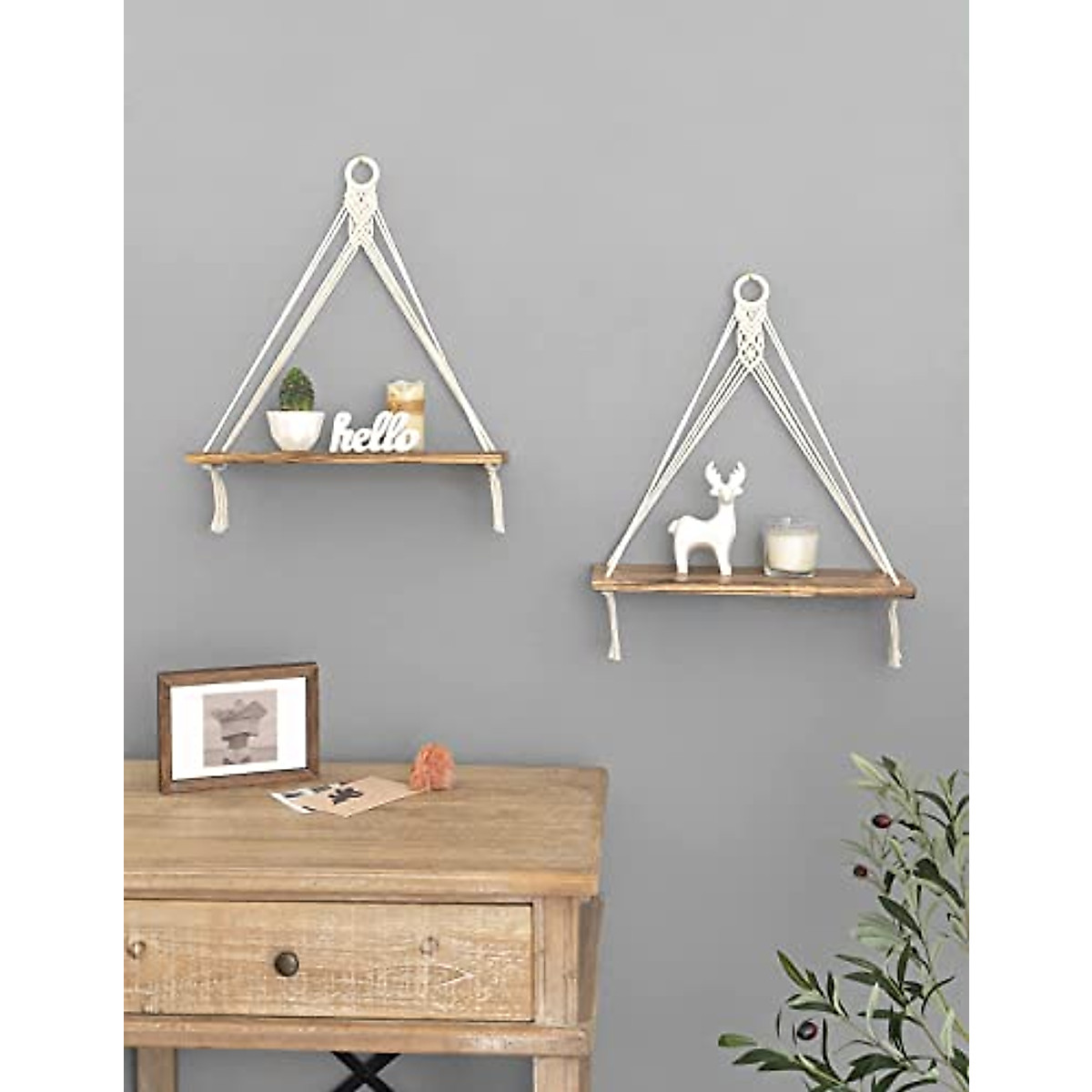 Mkono Macrame Wall Decor 4 Piece Set, 2 Pcs Macrame Wall Hanging Art Boho Wall Decor and 2 Pcs Hanging Shelves Wood Floating Storage Shelf for Bedroom Bathroom Living Room Nursery Dorm Room