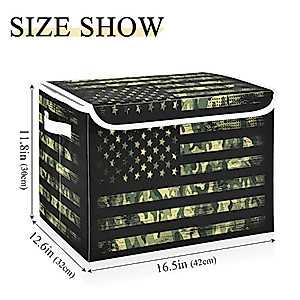 DOMIKING American Flag Green Camo Large Storage Bin with Lid Collapsible Shelf Baskets Box with Handles Organizing Container for Bedroom Living Room Kid's Room