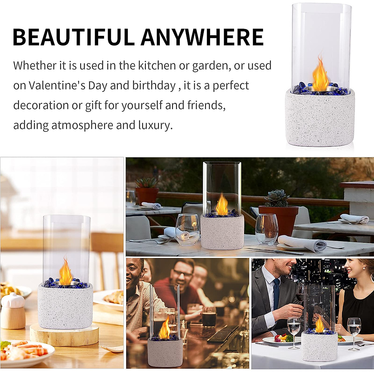 Tabletop Fireplace Indoor Out Door Tabletop Fire Pit Tabletop Fire Bowl Pot with Glass Stone Concrete Material and Windproof Glass Cover for Xmas,Valentine's Day, Birthday Party or Dining