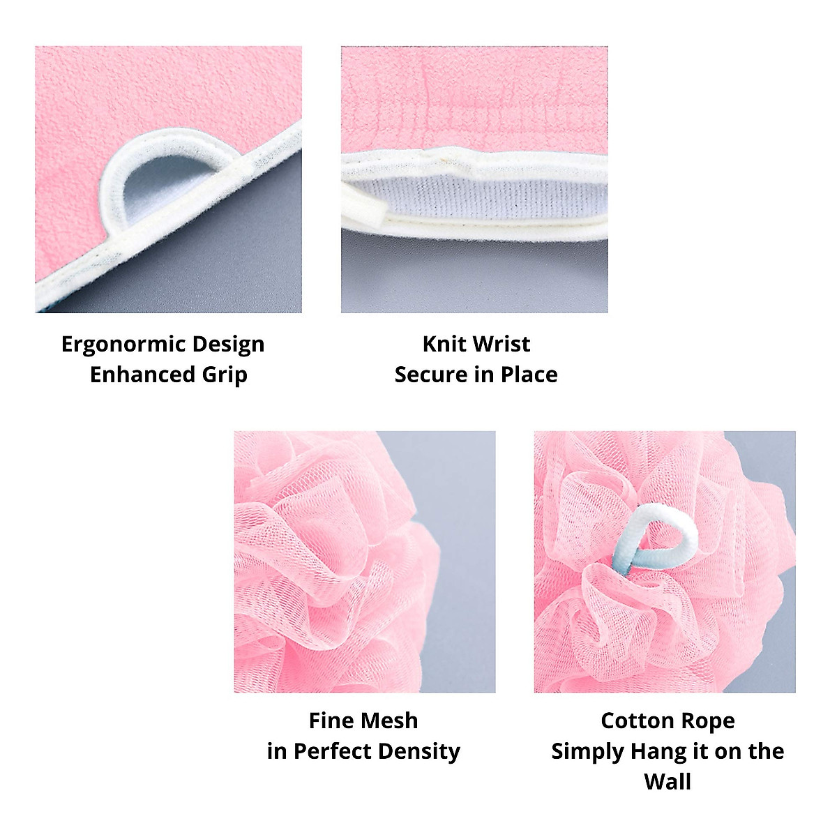 Exfoliating Body Scrubber Shower Set - 3PCs, Back Scrubber, Sponge Pad & Loofah Mesh Bath Pouf, for Men Women Shower Bath, Sensitive, Delicate, Dry Skin. Reusable. (Pink)