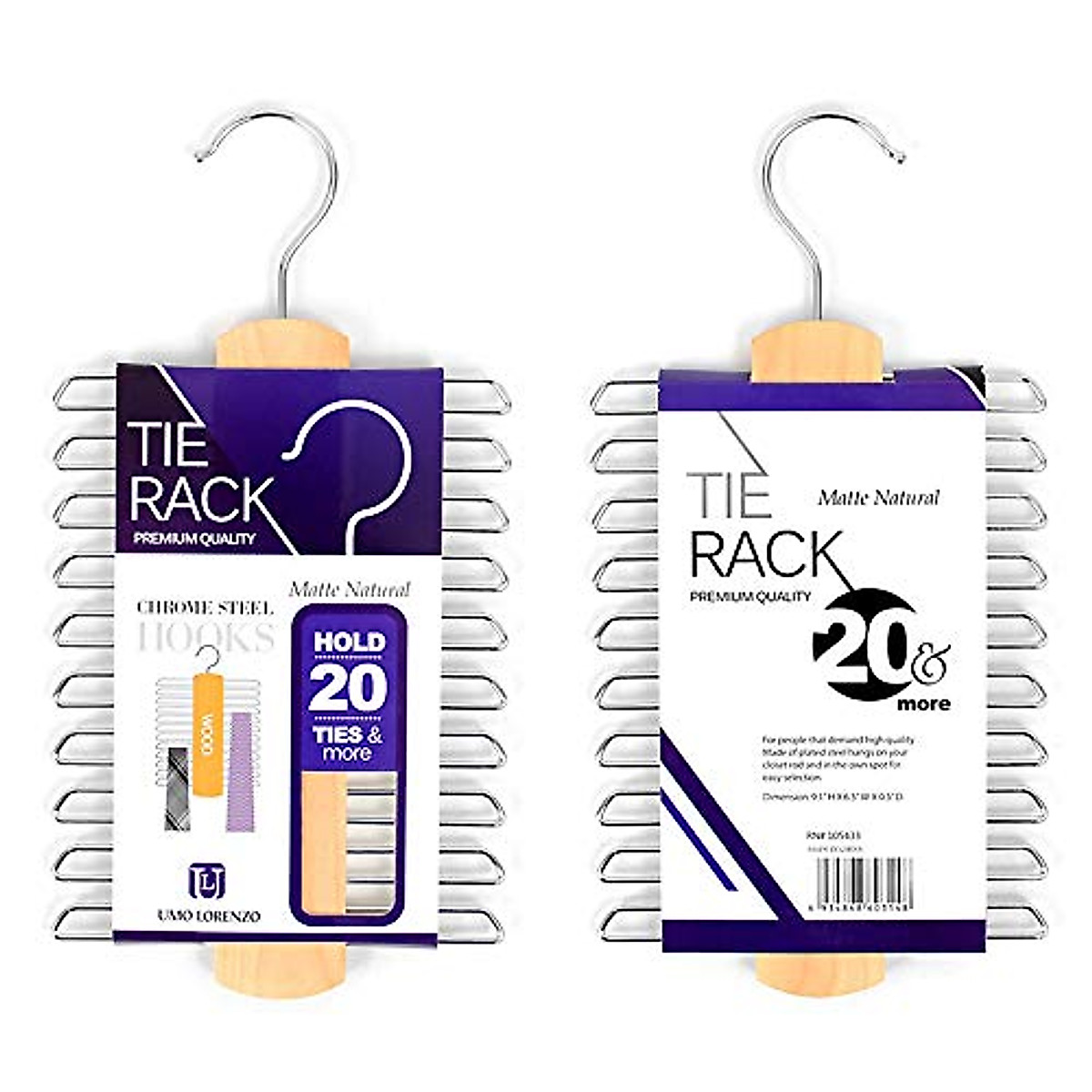 Umo Lorenzo Premium Wooden Necktie and Belt Hanger, Walnut Wood Center Organizer and Storage Rack with a Non-Slip Finish - 20 Hooks