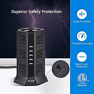 DEWENWILS16FT Power Strip Tower, 12-Outlet Surge Protector Power Strip with 5-USB Ports, 2-Switch Control, 15A Circuit Breaker, 1500Joules, Flat Plug Charging Station for Home, Office, ETL Listed