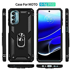 Dzxouui for Moto G 5G 2022 Case with Glass Screen Protector, Military Grade Shockproof Cover Full Body Protection Hard Phone Cases Built-in Magnetic Kickstand for Motorola G 5G 2022 - Black