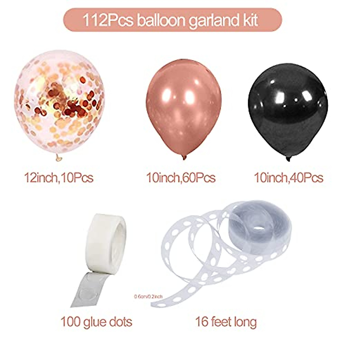 Black Rose Gold Balloons Garland Arch Kit, 112Pcs Rose Gold Black Confetti Latex Balloon Party Decorations for Birthday Bridal Wedding Shower Graduation Retirement Decor