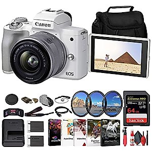 Canon EOS M50 Mark II Mirrorless Camera with 15-45mm Lens (White) (4729C004) + 64GB Memory Card + Filter Kit + Charger + LPE12 Battery + Card Reader + Corel Photo Software + Case + More (Renewed)