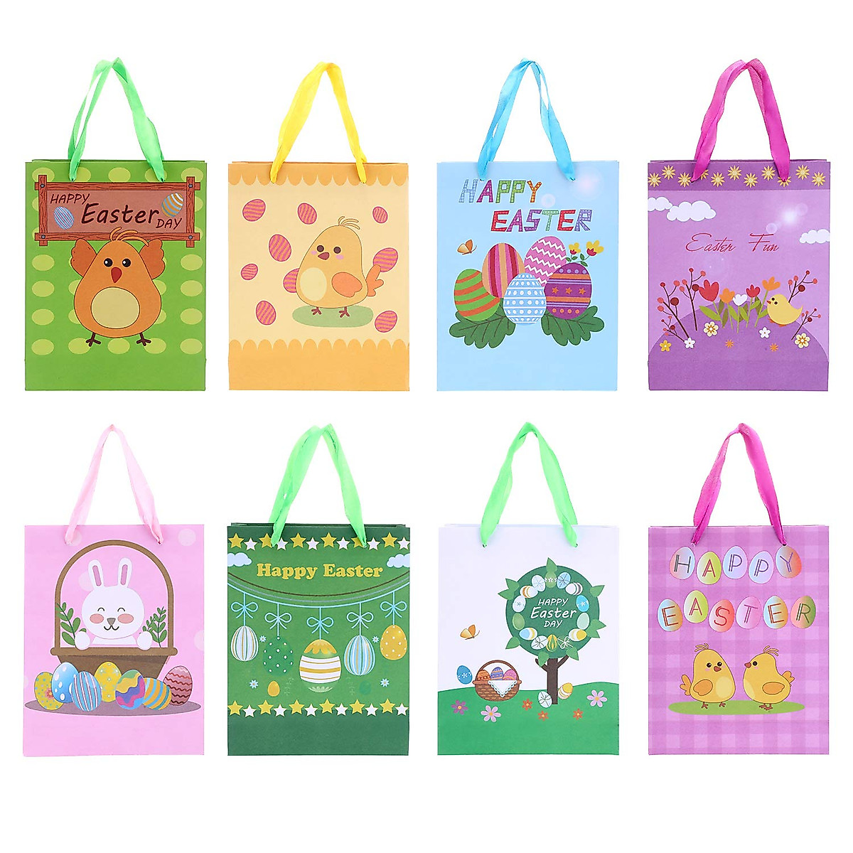 Chuangdi 16 Pieces Easter Paper Bags Easter Bunny Egg Chicken Gift Bags with Handles for Easter Party Supplies, 8 Styles