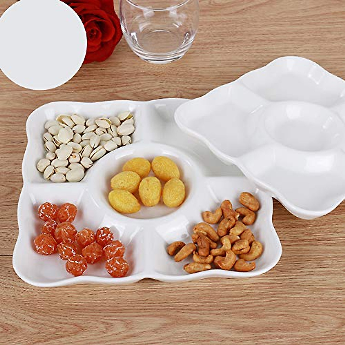 Nologo 4 Pcs White Plastic Divided Appetizer Serving Tray 5-Section Candy Snack Salad Desserts Dried Fruit Nuts Plate for Thanksgiving Wedding Home Office Party