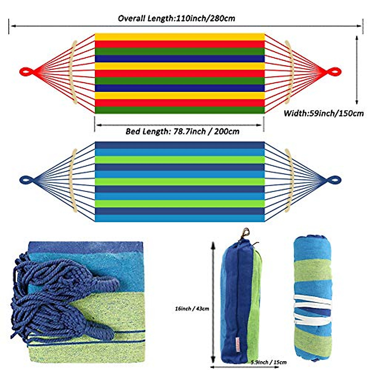 HappyGo Camping Hammock Canvas Fabric Hammock 550lbs with Anti Roll Balance Bar and Tree Strap Cotton Hammock for Camping, Backyard, Garden, Beach, Patio Gift