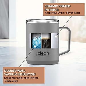 The Clean Hydration Company Insulated Coffee tumbler | Travel coffee mug | Ceramic Lined Tumbler | Iced Coffee Tumbler Cup with Lid | Double Wall Vacuum (Gray, Mug 12oz)