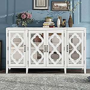 DHPM 59.8" Modern, Vintage Rectangular Console Table Buffet Sideboard with 4 Mirrored Glass Doors, 3 Cabinets and 3 Adjustable Shelves for Entryway/Living Room, Cream White