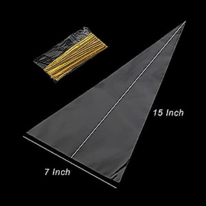 Large Cone Cellophane Bags,7x15 Inches 200 PCS Plastic Popcorn Cone Bags for Party, Clear Cone Shaped Treat Bags with Twist Ties