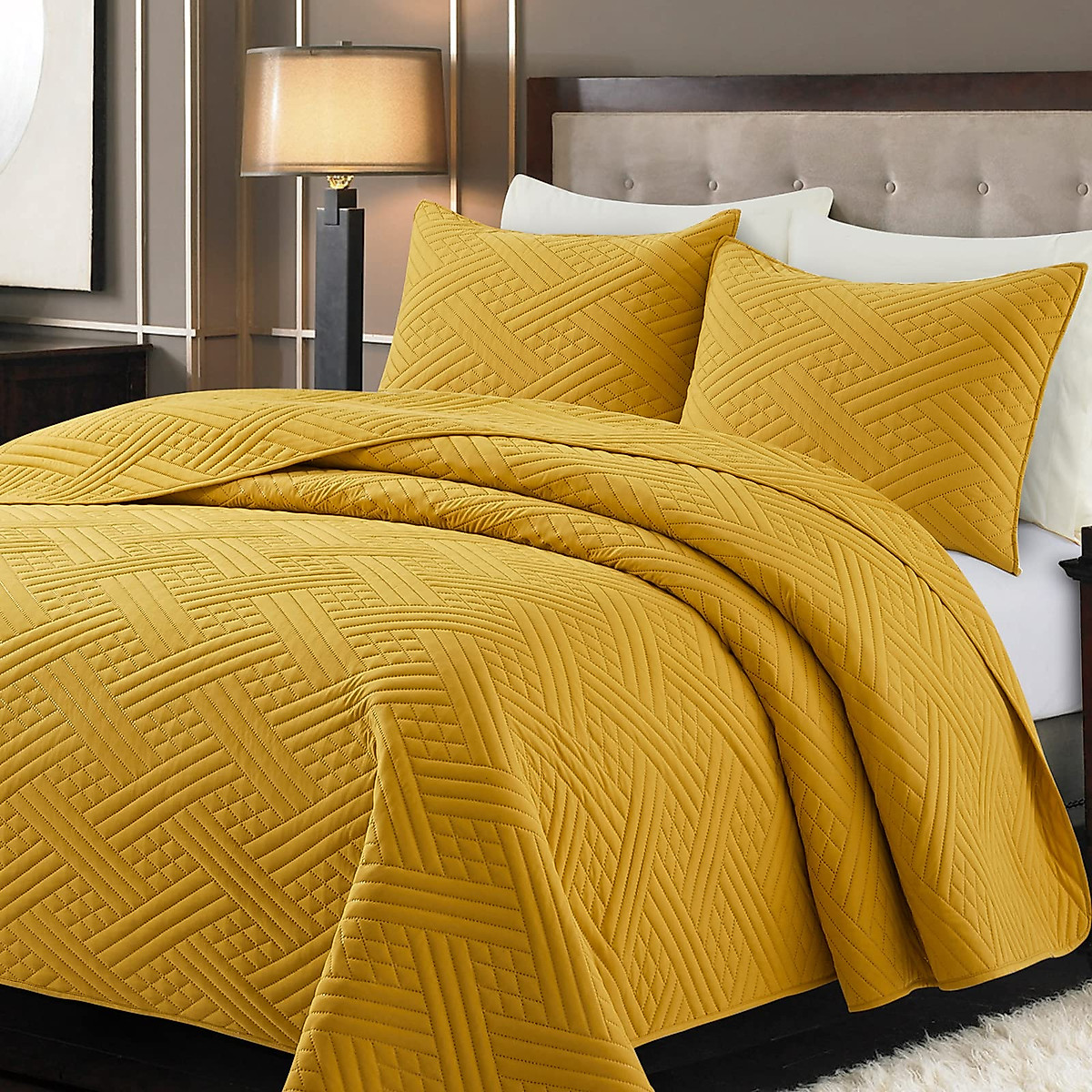 Safonory Quilted Bedspreads Full/Queen Size(90"x96", Mustard Yellow) - Summer Soft Lightweight Microfiber Ultrasonic Embossed Quilt Coverlet Set for Queen Bed - 3 Pieces Bedding Set(1 Quilt, 2 Shams)