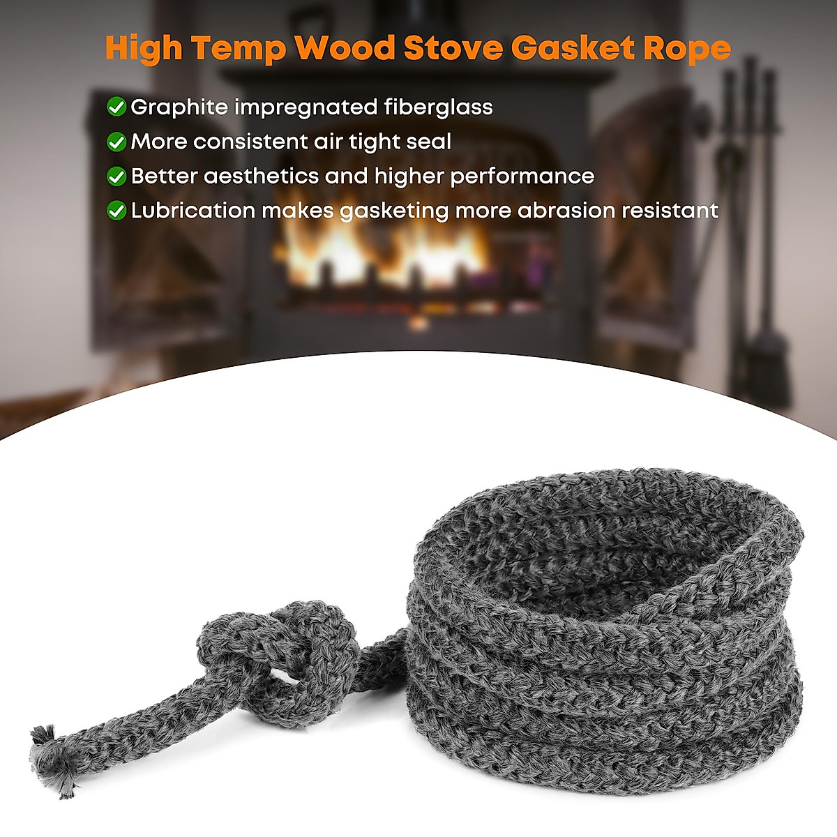 Stanbroil Wood Stove Gasket, 1/2" x 84" Graphite Impregnated Fiberglass Rope Seal, Gasket Rope Replacement Kits for Wood Stove Door
