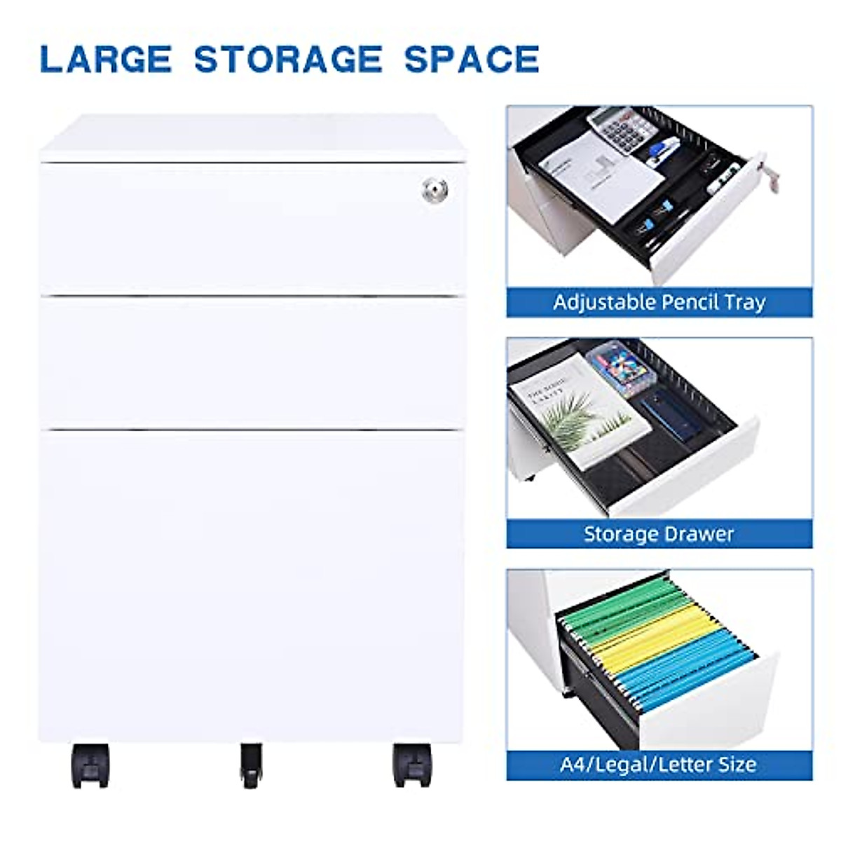Modern Office File Cabinet 3 Drawer File Cabinet Metal Filing Cabinet on Anti-tilt Wheels Mobile Lateral Printer Stand Office File Cabinets for Home Office Organization and Storage (White)
