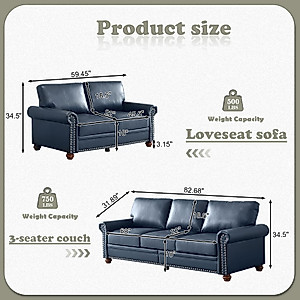 Antetek 2-Piece Comfy Upholstered PU Leather Sofa Couch Set, Mid-Century Modern Loveseat Sofa+3 Seater Couch with Storage Space for Living Room, Furniture Set, Navy Blue