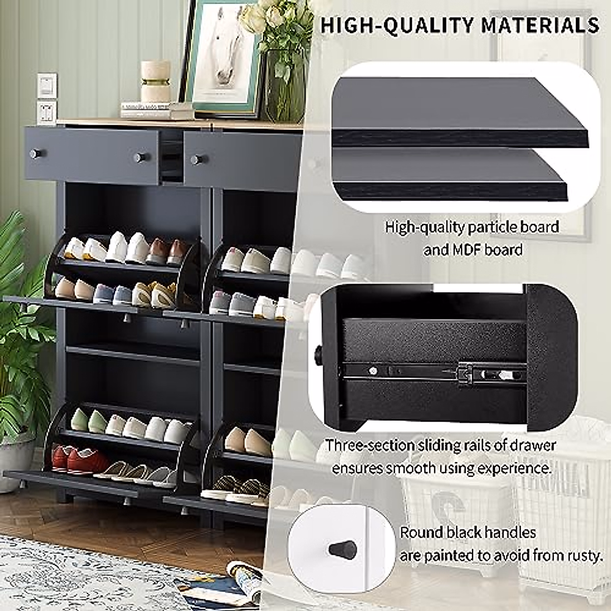 Aiuyesuo Slim Shoe Cabinet Set with 4 Flip Drawers, Wood Grain Pattern Top Shoe Storage Solution with Adjustable Panel, Shoe Rack with 2 Top Storage Drawers for Hallway Entryway (Black-QR0)