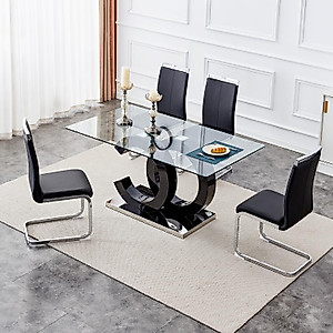 FURNITO 63'' Glass Dining Table Set for 4,Modern Dining Table Set for 4,Tempered Glass Table Top and High-End Design MDF Base with 4 Leather Ergonomic Dining Chairs