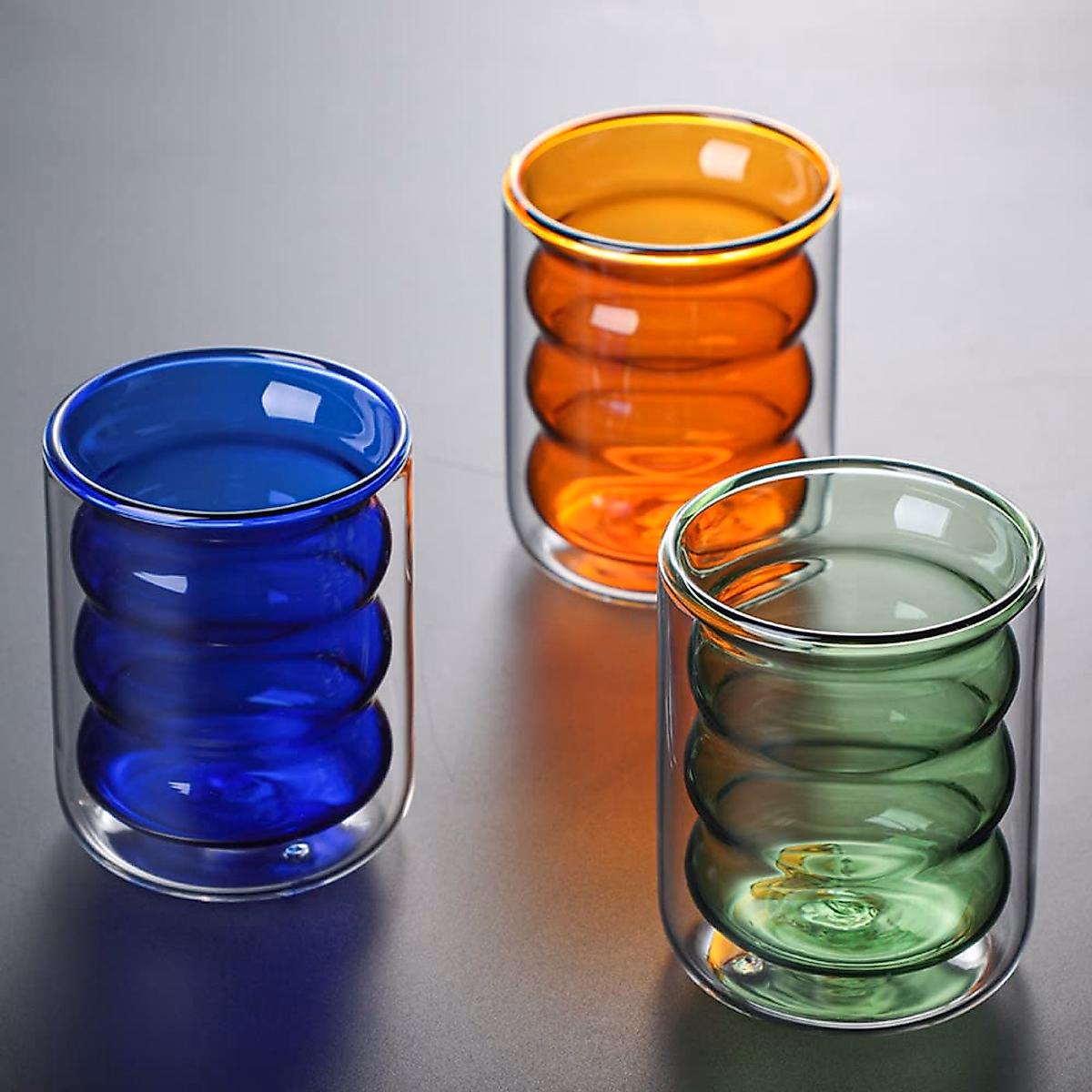 JstDoit Double Wall Glass Espresso Cups, Insulated Glass Coffee Mug Creative Drinking Glasses Ripple Glassware for Hot Beverages, Water, Juice, Coffee, Latte, Cappucino 200ML/6.76oz (Brown)