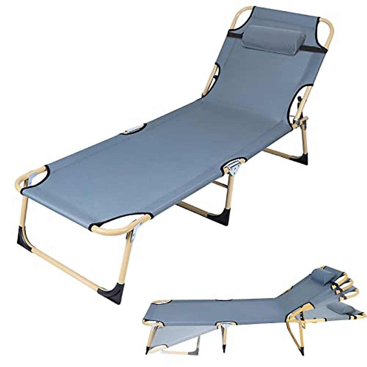 YourGrace Outdoor Folding Chaise Lounge Chair, Lightweight Camping Reclining Chair with Pillow, Cot, Adjustable Sunbathing Recliner for Patio, Beach, Deck, Tanning, L67.72 W21.65 H10.63