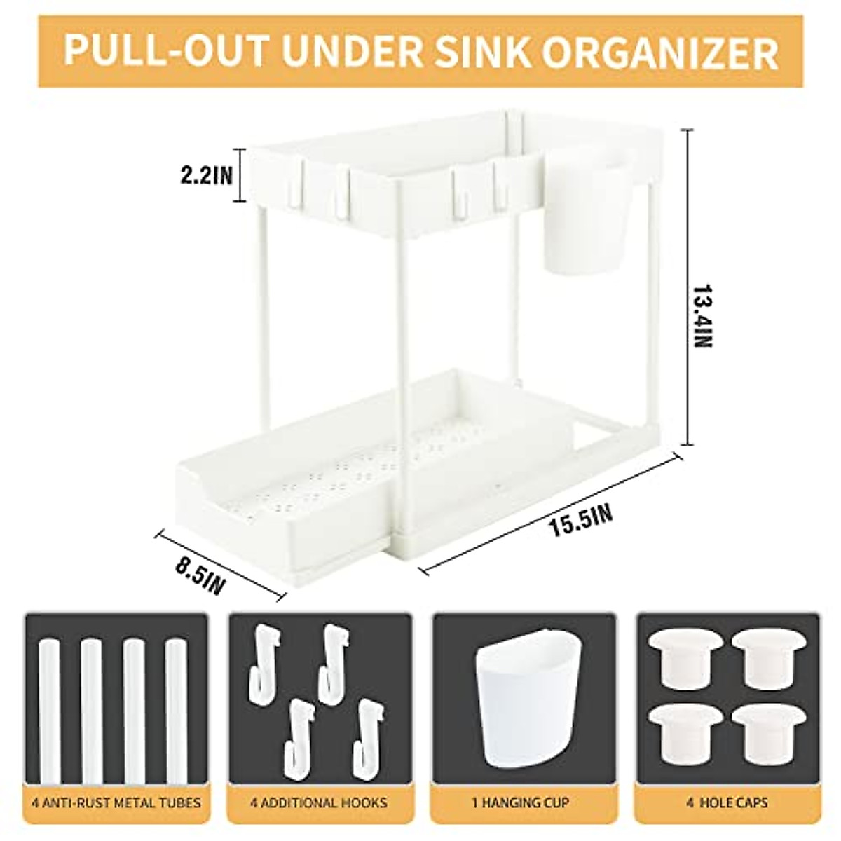 Amythe Bathroom Cabinet Organizer, 2-Tier Under Sink Organizers and Storage, Under Sliding Cabinet Basket Organizer with Hooks, Multi-purpose Under Sink Shelf Organizer for Bathroom Kitchen