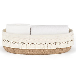 Dahey Woven Basket Macrame Storage Basket for Toilet Tank Top Boho Decor Toilet Paper Basket for Bathroom Organizing, Toilet Tank Tray for Counter Table Bedroom Living Room Nursery, Brown