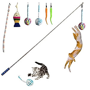 Retractable Cat Toys Wand, 7 Pack Super Long 55.1" Retractable Cat Wand Toy Ball of yarn Rainbow Cat String Toy with Feather Teasers, Interactive Cat Toys for Indoors,Funny Exercise for Kitten or Cats