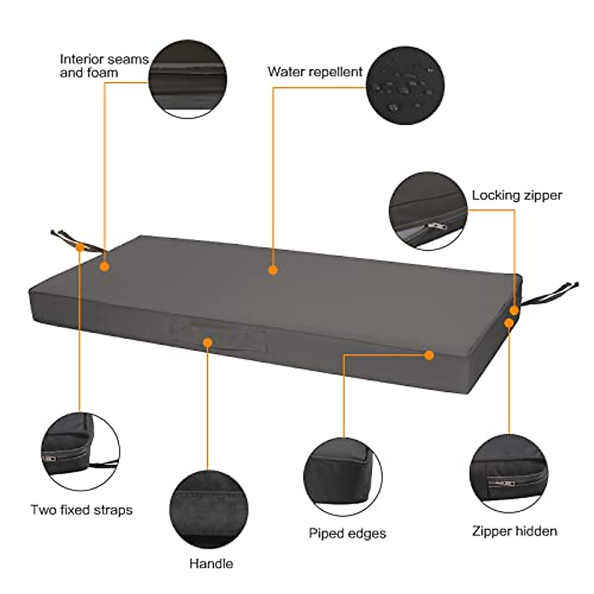 Faible Poisson Outdoor Bench Cushion, 36 x 18 Inch Waterproof Porch Swing Cushions Garden Patio Furniture Cushions with Handle and Anti-Slip Straps for Indoor Backyard Seat Pads, Dark Grey