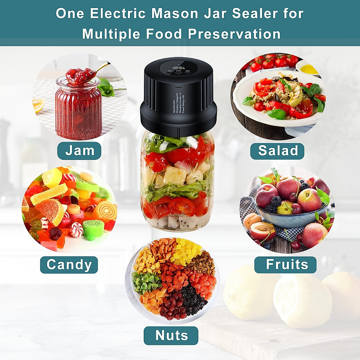 Mason jar vacuum,3 IN 1 Design Electric Mason Jar Vacuum Sealer Kit for Wide Mouth and Regular Mouth Mason Jars,Cordless Vacuum Sealing Machine with LED Display for Food Vacuum Storage