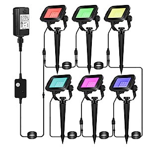 Ucomeuni Outdoor LED Flood Light 6 in 1 Color Changing LED Lighting 12V Landscape Lights with UL Adapter IP66 Waterproof Garden Pathway Light with Metal Spike Stand for Yard, Lawn, 6 Pack, Black